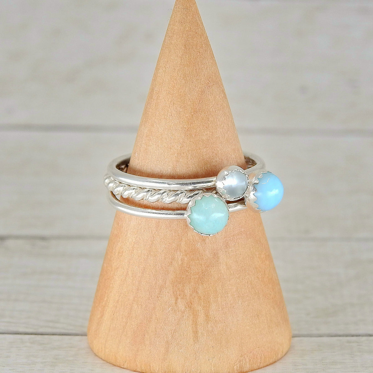 The Amphitrite Ring Stack of the Sea - Aquamarine, Larimar & Amazonite - Gem & Tonik