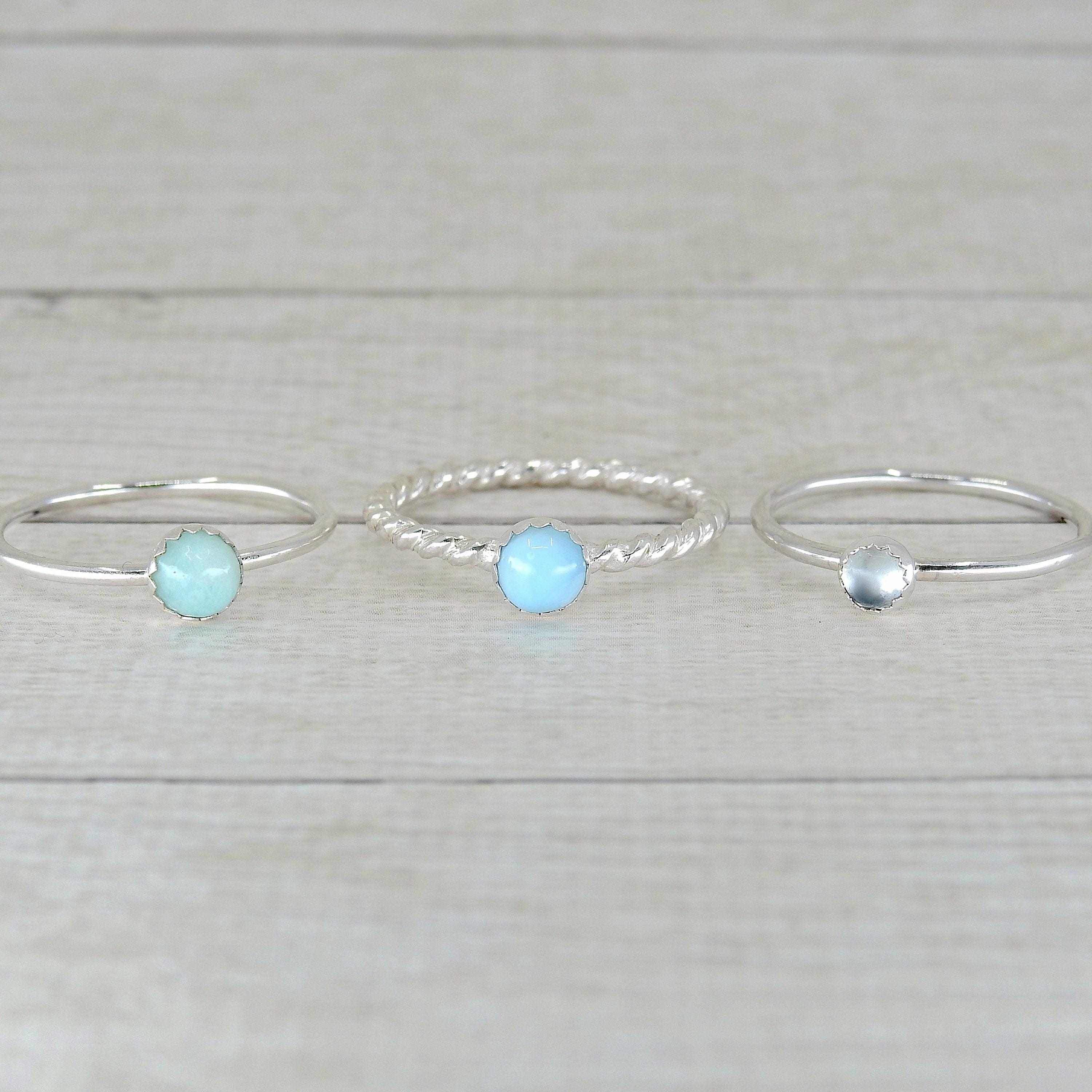The Amphitrite Ring Stack of the Sea - Aquamarine, Larimar & Amazonite - Gem & Tonik