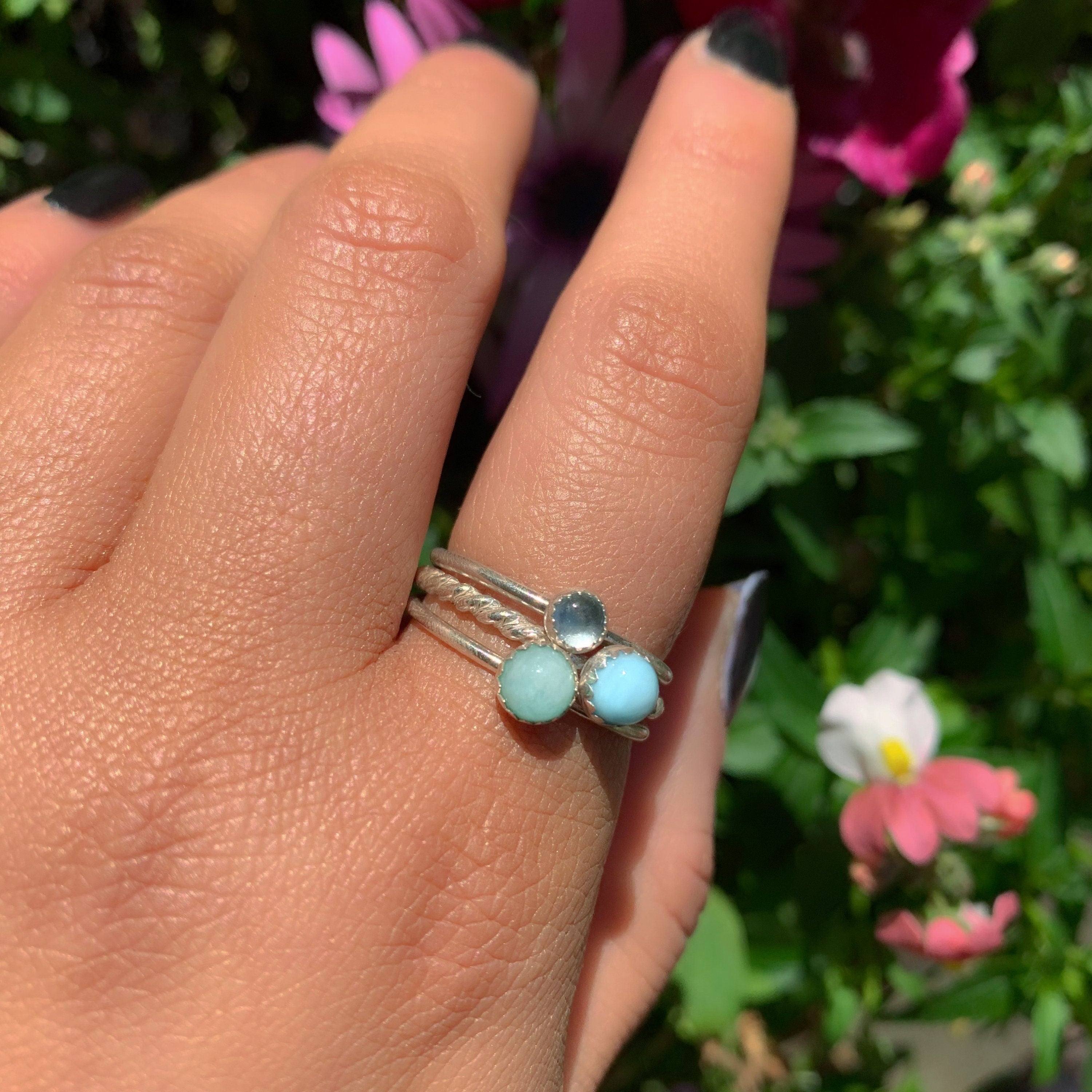 The Amphitrite Ring Stack of the Sea - Aquamarine, Larimar & Amazonite - Gem & Tonik